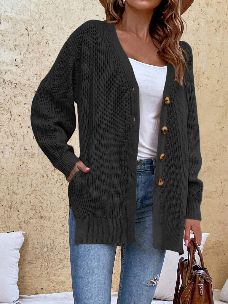 Button-Up Side Slit Drop Shoulder Cardigan
