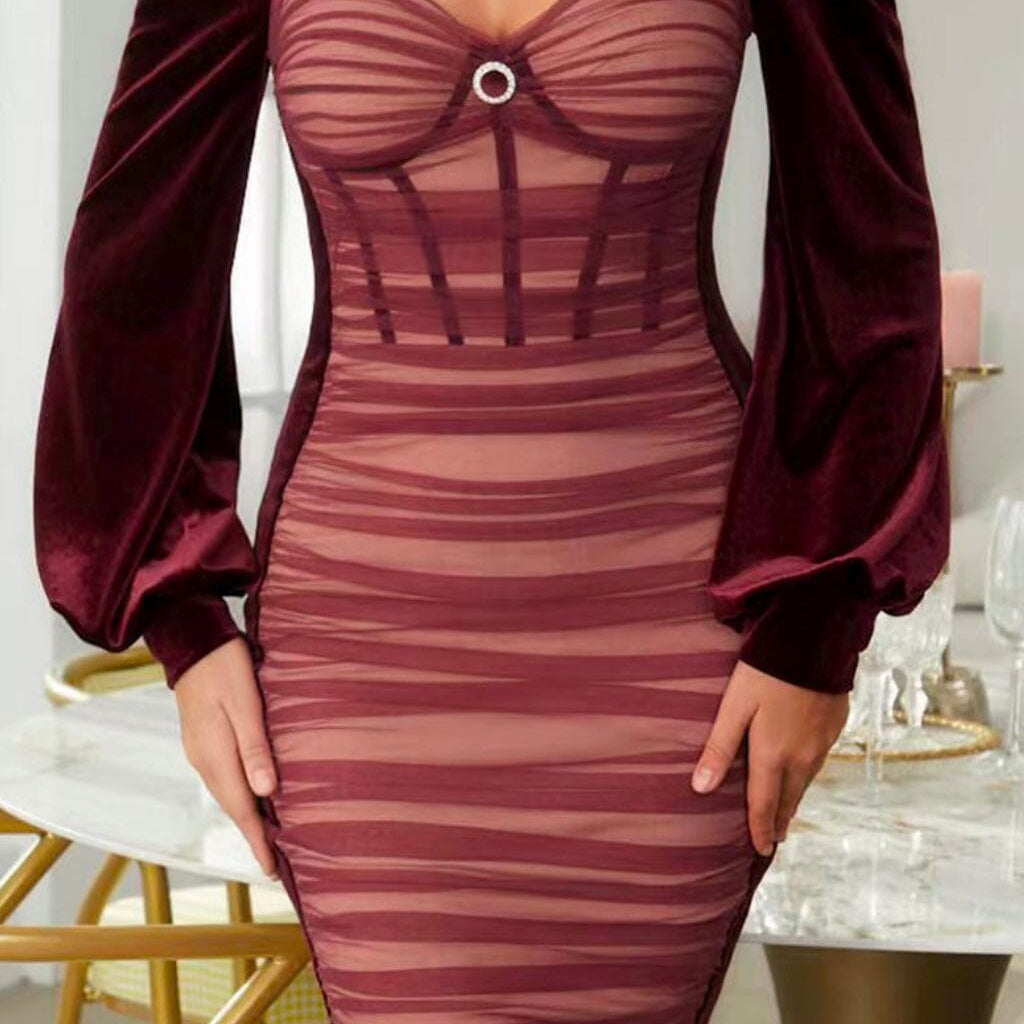 SquAre-Neck Puff Sleeve Mesh Pleated Stitched Velvet Waist Midi Dress ...