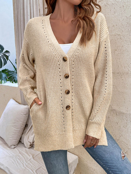 Button-Up Side Slit Drop Shoulder Cardigan