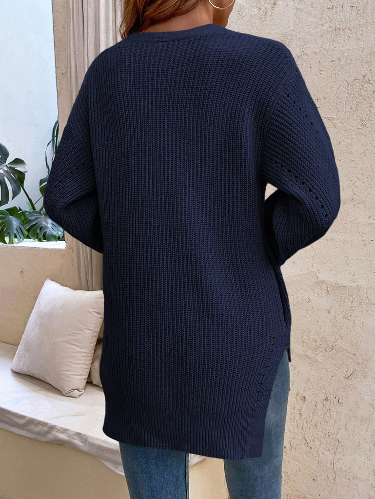 Button-Up Side Slit Drop Shoulder Cardigan